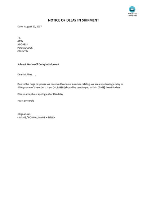 高级 Notice Of Delay In Shipment 样本文件在