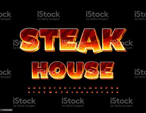 벡터 크리에이티브 배너 스테이크 하우스 엘리트 불타는 알파벳 문자와 숫자 세트 컴퓨터 글자에 대한 스톡 벡터 아트 및 기타