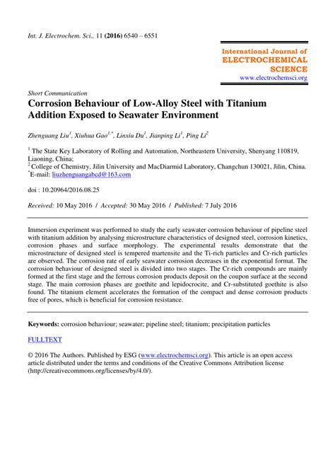 Pdf Corrosion Behaviour Of Low Alloy Steel With Titanium Addition Exposed To Seawater Environment