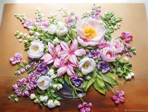 Купить Картина лентами Букет в розовых тонах Вышивка лентами лилия пион букет панно