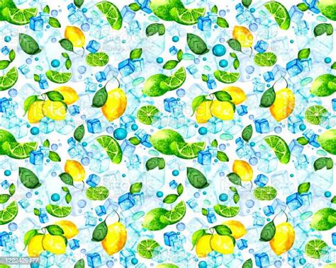 밝은 배경에 라임 레몬 녹색 잎과 얼음 조각의 신선한 조각과 원활한 배경 청량 음료를 테마로 직물 포장 벽지 및 디자인에 대한 수채화 그림 레몬에 대한 스톡 벡터 아트 및
