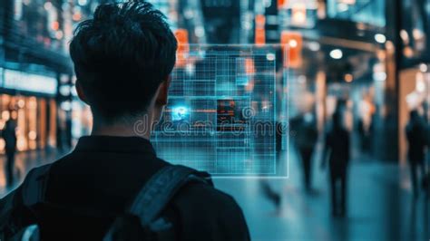 Person Observes Digital Data Visualization In A City Environment Stock