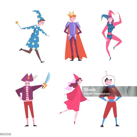 재미있는 의상을 입은 남자와 여자의 집합입니다 마법사 광대 해적 왕자 슈퍼 히어로 만화 벡터 일러스트레이션으로 분장한 성인 일러스트레이션에 대한 스톡 벡터 아트 및 기타