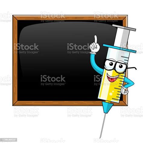 웃는 만화 캐릭터 마스코트 의료 주사기 백신 빈 칠판 또는 칠판 벡터 일러스트 레이션 고립 가공의 인물에 대한 스톡 벡터 아트