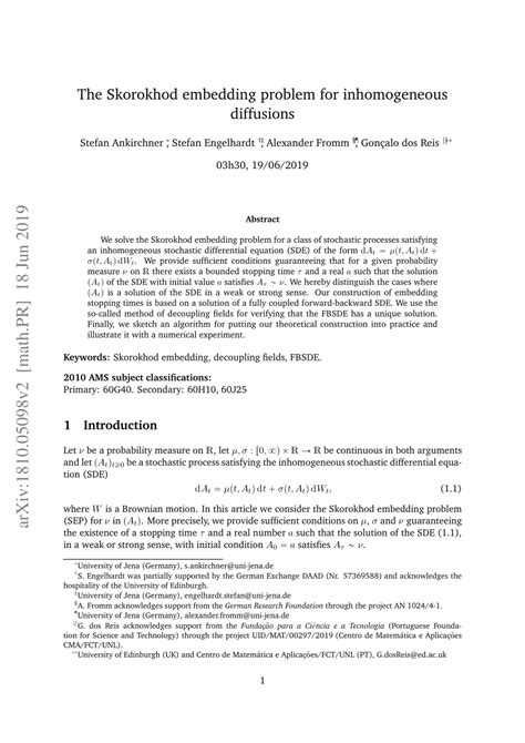 Pdf The Skorokhod Embedding Problem For Inhomogeneous Diffusions