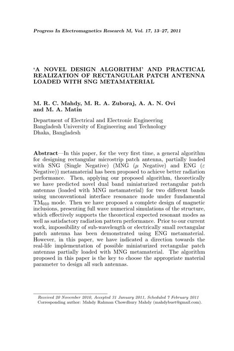 Pdf A Novel Design Algorithm And Practical Realization Of Rectangular Patch Antenna Loaded
