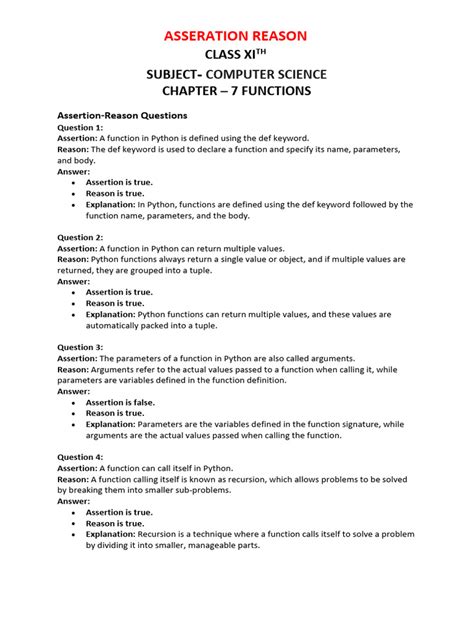 Python Functions Assertion Reason Guide Pdf Parameter Computer