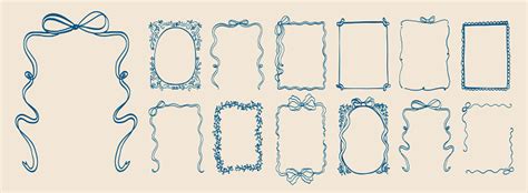 리본 프레임 디자인이 있는 낙서 테두리 세트입니다 빈티지 리본 라인 아트 코너 스케치 벽지 손으로 그린 요염한 유행 귀여운 결혼식 메뉴 생일 초대장 테두리 카드 템플릿 벡터