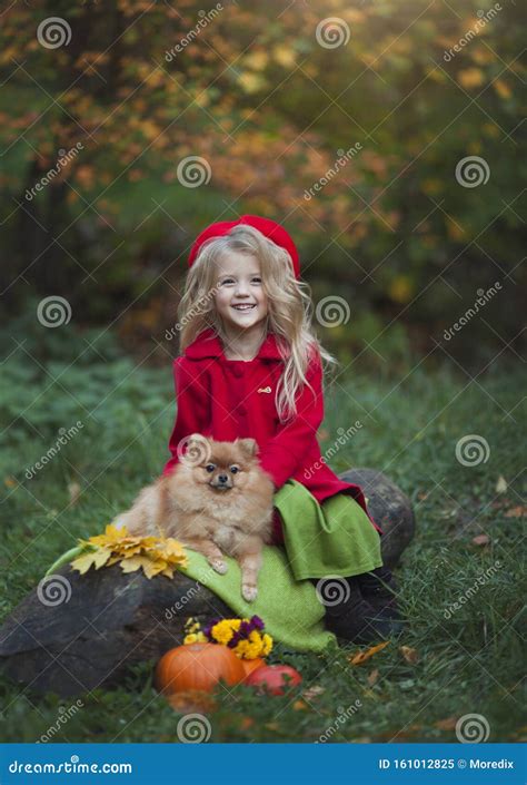 Маленькая девочка с собакой в осенней лесной фотографии осени Девушка в красном пальто и берет