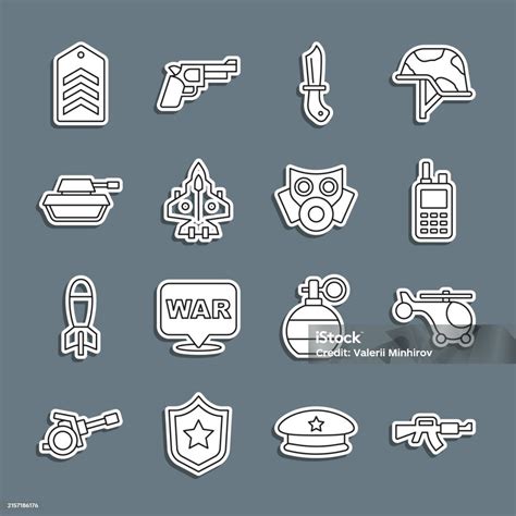 세트 라인 M16a1 소총 헬리콥터 워키 토키 군용 칼 제트 전투기 탱크 갈매기 모양 및 방독면 아이콘 벡터 갈매기표 수장에 대한 스톡 벡터 아트 및 기타 이미지 Istock