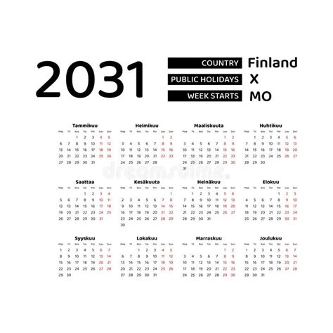Calendar 2031 Finnish Language With Finland Public Holidays Week Starts From Monday Stock