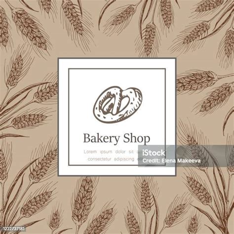 빵집 제과점 라벨 로고 밀 귀 프레임 프레첼 및 레터링이있는 전단지 템플릿 베이크샵 배경 벡터 손으로 그린 스케치 일러스트 빵