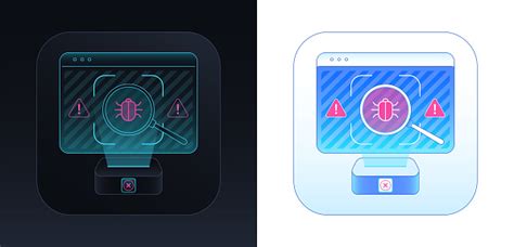 시스템의 사이버 취약성 컴퓨터 보호 돋보기가 있는 창틀 버그 스캐너 및 위험 경고 사이버 공격 탐지 바이러스 검사 해킹 탐지