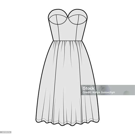 뷔스티에 민소매 스트랩리스 몸에 맞는 무릎 길이 의 주름 스커트가 있는 플레어 드레스 테크니컬 패션 일러스트 0명에 대한 스톡 벡터 아트 및 기타 이미지 Istock