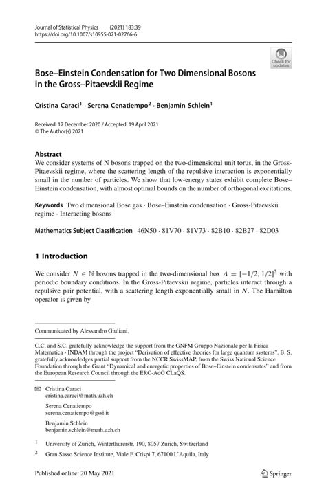 Pdf Boseeinstein Condensation For Two Dimensional Bosons In The