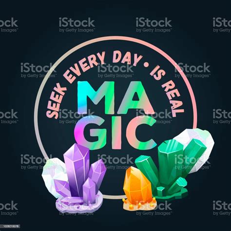 매직 인용 인쇄입니다 홀로그램 배경 가진 카드입니다 크리스탈 벡터 일러스트 레이 션 마녀 크리스탈 스톤 또는 보석 인쇄입니다 가리기에 대한 스톡 벡터 아트 및 기타 이미지