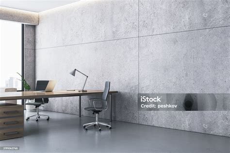 콘크리트 벽 배경에 나무 책상 의자 노트북이 있는 현대적인 이그제큐티브 사무실 인테리어 3d 렌더링 0명에 대한 스톡 사진 및 기타 이미지 Istock