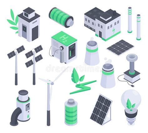 Isometric Alternative Energy Sources Solar Battery And Windmills Green Renewable Energy