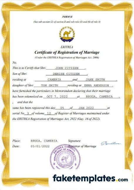 Fake Eritrea Marriage Certificate Download Word And Pdf Template Completely Editable