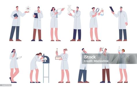 플랫 만화 과학 실험실 캐릭터 화학자 세트 전문 생물학 및 의료 실험실 연구 노동자 장비 킥키 벡터 키트를 가진 과학자 실험실에