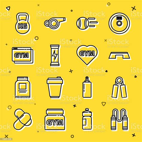세트 라인 줄넘기 스포츠 확장기 스텝 플랫폼 테니스 공 스포츠 영양 온라인 피트니스 교육 케틀벨 및 피트니스 체육관 심장 아이콘 벡터 건강한 생활방식에 대한 스톡 벡터 아트