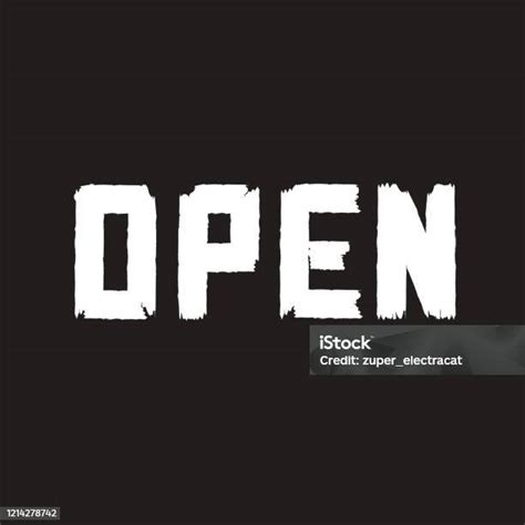 손으로 그린 텍스트입니다 사인 스탬프 열기 검은 색 배경에 격리 된 페인트 텍스처가있는 흰색 문자입니다 시장 템플릿에 대한 잉크