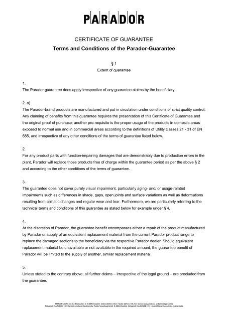 Certificate Of Guarantee Terms And Conditions Of The