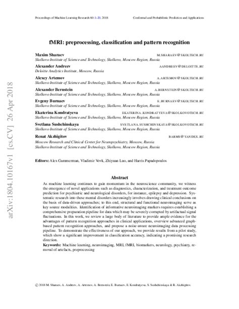 Pdf Fmri Preprocessing Classification And Pattern Recognition