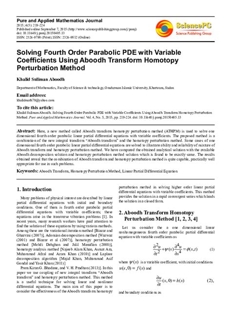 Pdf Solving Fourth Order Parabolic Pde With Variable Coefficients Using Aboodh Transform