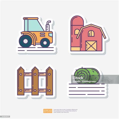 농업용 트랙터 농장 헛간 건물 나무 울타리 압연 건초 또는 잔디 농업과 농업 스티커 아이콘 세트입니다 벡터 일러스트레이션 건초 식물에 대한 스톡 벡터 아트 및 기타 이미지