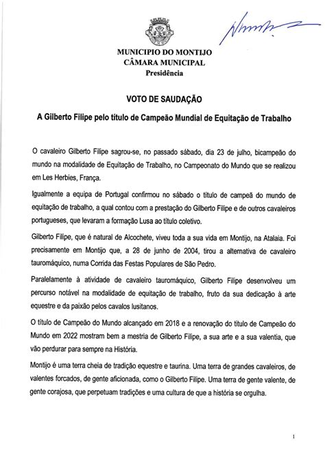 Voto De Saudação Ao Cavaleiro Gilberto Filipe Cm Montijo