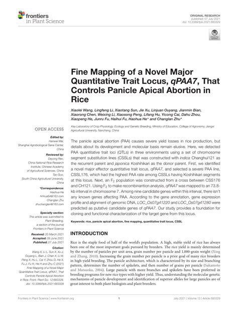 Pdf Fine Mapping Of A Novel Major Quantitative Trait Locus Qpaa7 That Controls Panicle