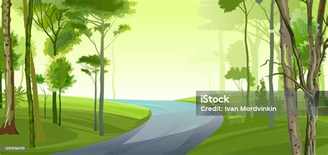 숲 길 아스팔트 설정 안개가 자욱한 수평선나무 풍경 배경 벡터 그림입니다 아스팔트에 대한 스톡 벡터 아트 및 기타 이미지 아스팔트 0명 곡선 Istock