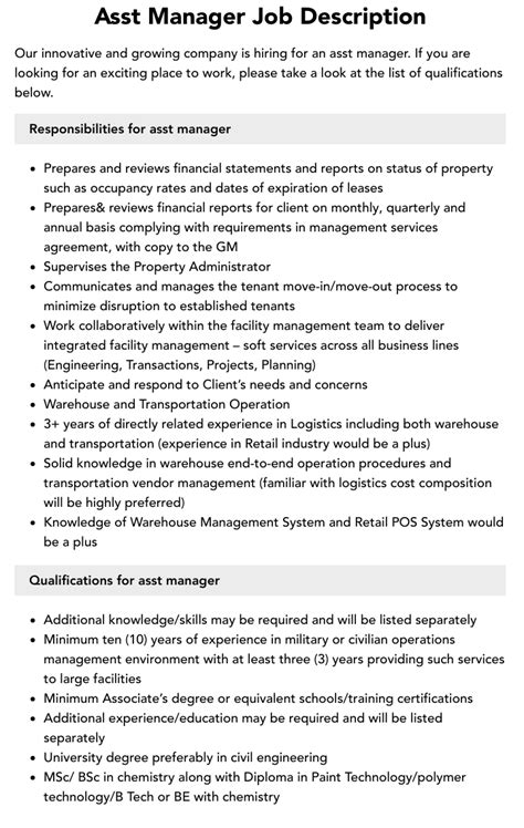 Asst Manager Job Description Velvet Jobs