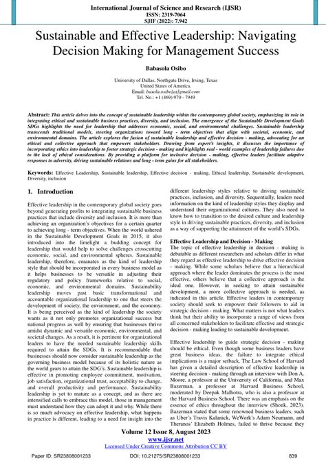 Pdf Sustainable And Effective Leadership Navigating Decision Making For Management Success