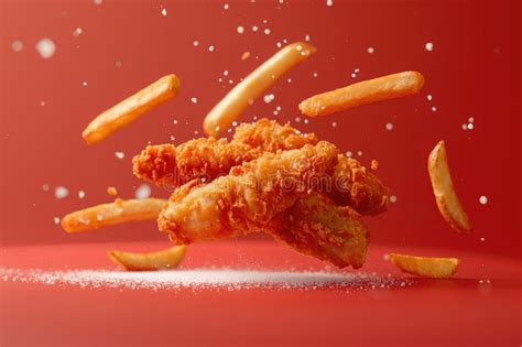 A Close Up Of Fried Chicken And French Fries On A Red Background Stock