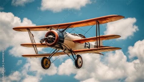A Vintage Biplane Soaring Through A Clear Blue Sky With Fluffy White