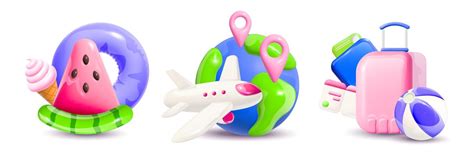 비행기 티켓 열대 과일 아이스크림 Lifebuoy 배구 공 고립 된 벡터 일러스트와 함께 여행 만화 작곡 무료 벡터