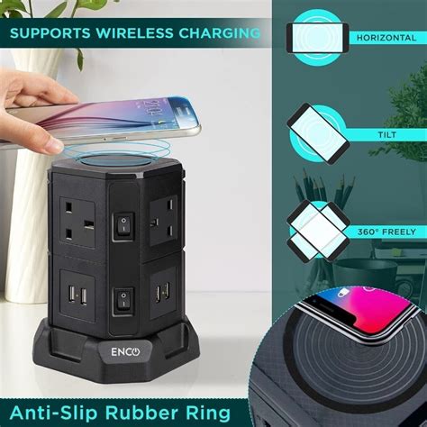 Enco Dd 4u6k W Vertical Tower Extension 2m 6 Way 4 Usb Multi Plug Uk