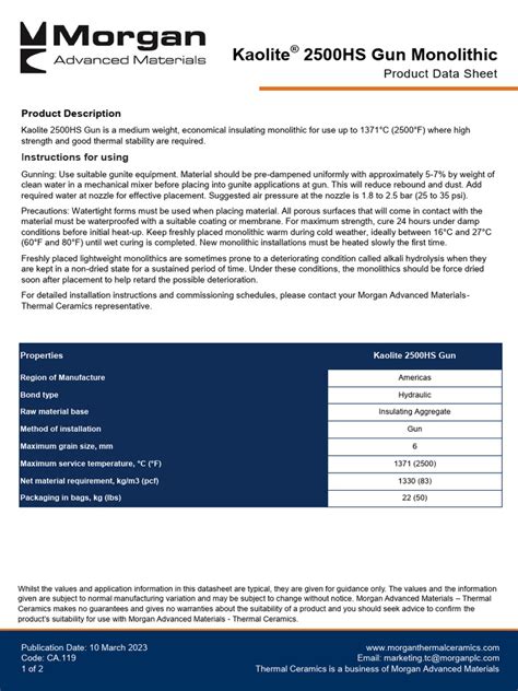 Kaolite 2500hs Gun Eng Pdf Ceramics Materials