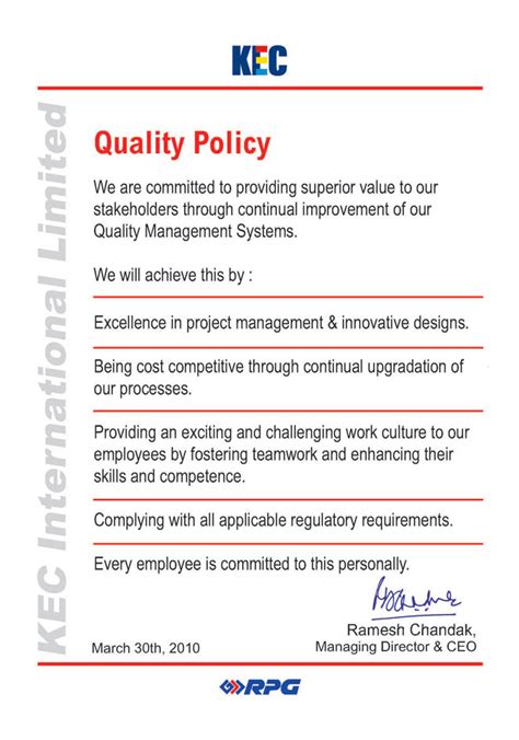 Quality And Ehs Policy At Kec In Mumbai Id 6800969973