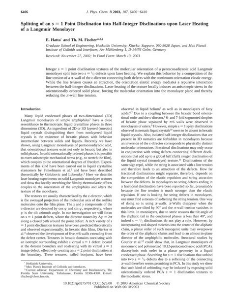 Pdf Splitting Of An S 1 Point Disclination Into Half Integer