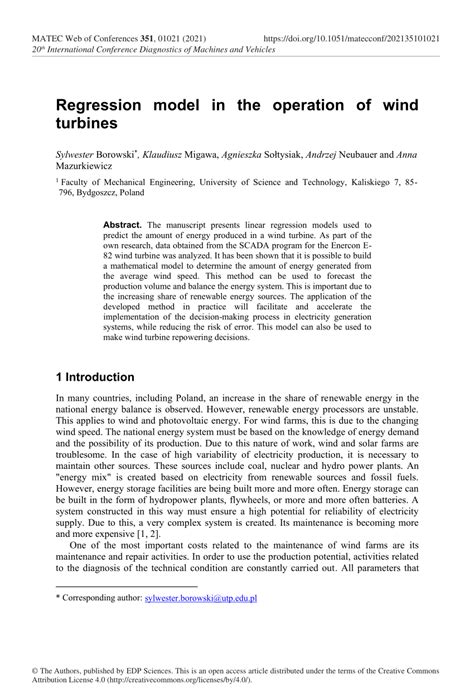Pdf Regression Model In The Operation Of Wind Turbines
