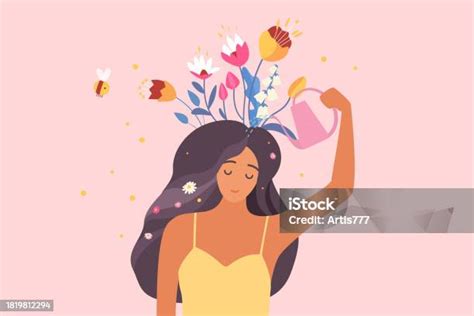 자기 사랑 정신 건강 머리에서 자라는 꽃에 물을 주기 위해 물뿌리개를 들고 있는 여자 여자에 대한 스톡 벡터 아트 및 기타 이미지 여자 희망 휴식 Istock