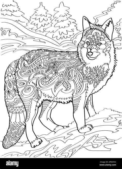 Lone Wolf Standing Looking Sideway With Forest Background Line Drawing