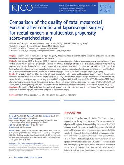 Pdf Comparison Of The Quality Of Total Mesorectal Excision After Robotic And Laparoscopic