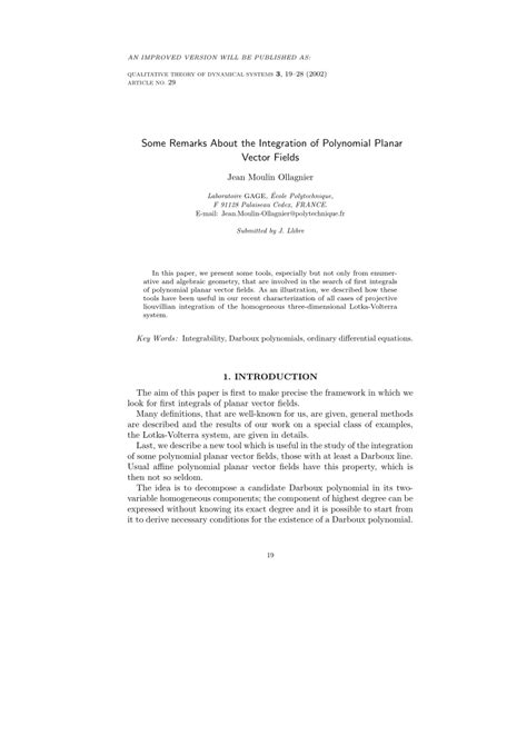 Pdf Some Remarks About The Integration Of Polynomial Planar Vector Fields