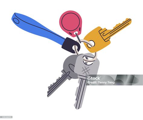 부동산 부동산 입구 열쇠 집 또는 아파트 문 열쇠 뭉치 열쇠 고리 및 플라스틱 태그 평면 벡터 그림 열쇠 고리가 있는 손으로