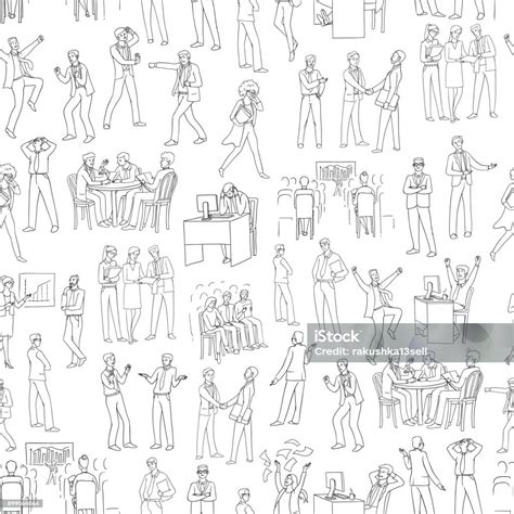 벡터 기업 들의 스케치 검은 윤곽선 격리 완벽 한 패턴을 설정합니다 여자와 남자 컨퍼런스 회의 협상 강의 또는 세션에 스피커입니다 성공적인 거래에 악수 외형선에 대한 스톡