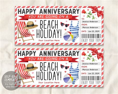 Tropical Beach Vacation Ticket Editable Template Wedding Anniversary